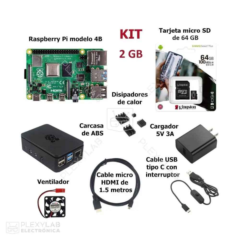 Kit Raspberry Pi 4B, incluye RPi, micro SD 64 GB, carcasa, fuente genérica, cable uHDMI ...